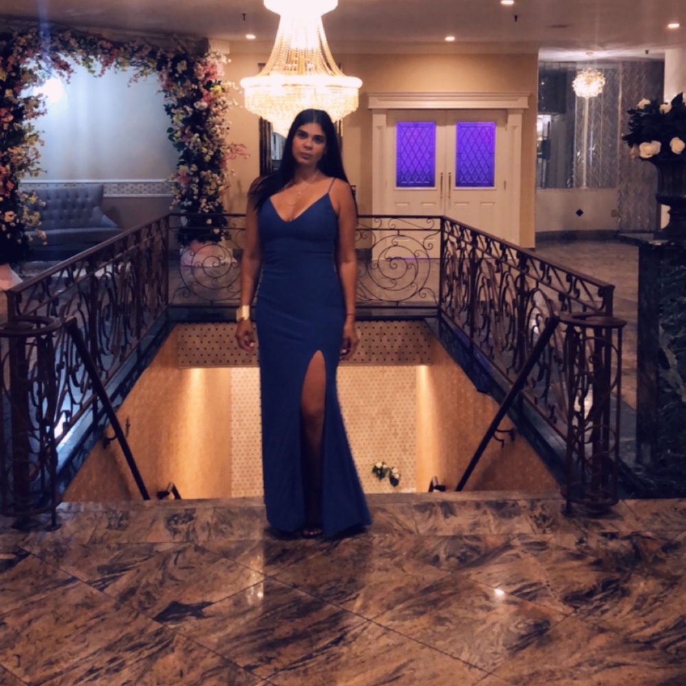 Blue Low Cut Gown, Slit On The Left Side - Gem